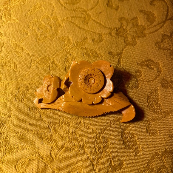 Jewelry | Vintage Plastic Brooch Mustard Yellowheavily Carved Floral ...